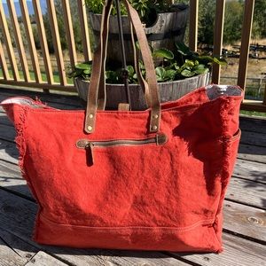 Myra Bag | Bags | New Red Floral Xl Myra Bag Canvas Leather Weekender ...